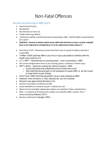 Law - Non Fatal Offences revision notes | Teaching Resources