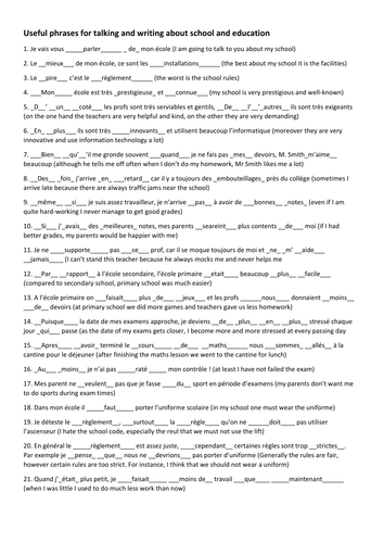 GCSE French revision - School: gapped model sentences with parallel ...
