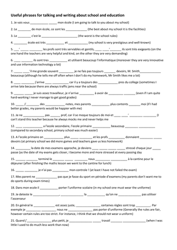 GCSE French revision - School: gapped model sentences with parallel ...