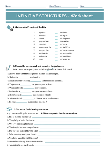 GCSE French revision infinitive constructions | Teaching Resources
