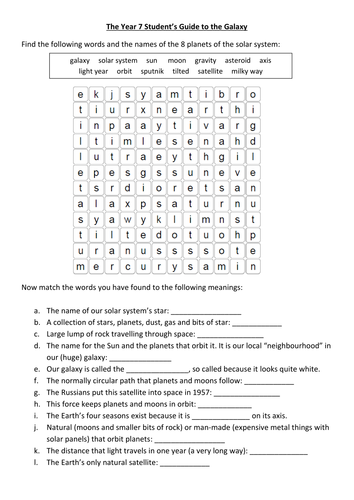 Space and the solar system - wordsearch and questions | Teaching Resources