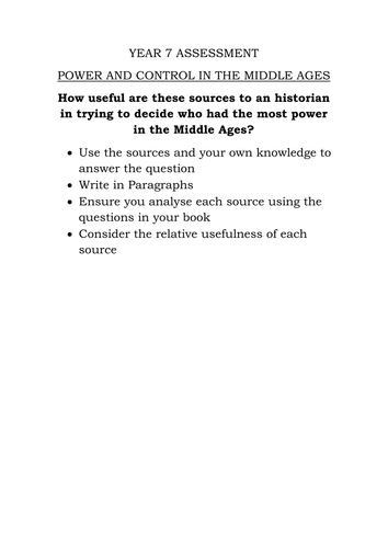 Power and Control Middle Ages Source Based Assessment | Teaching Resources