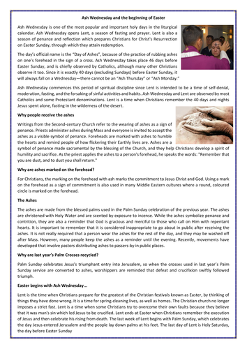 Ash Wednesday and the beginning of Easter - Reading Comprehension ...