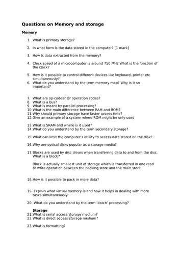 GCSE 9-1 exam practice Computer Science Exam questions pack for Memory ...