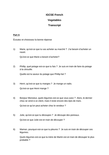 IGCSE French: Food and drink (Part 2): Vegetables | Teaching Resources