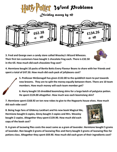 KS2 Harry Potter differentiated dividing money by 10 worksheets ...