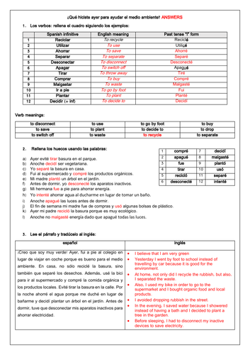 Spanish El Medio Ambiente & the Past Tense: Environment Issues ...