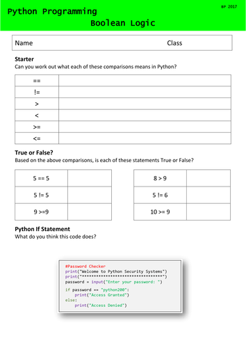 Python Programming - Lesson 4 - Boolean Logic & If Statements - FULLY RESOURCED LESSON ...