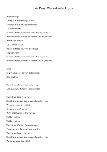 Unseen poetry analysis of Katy Perry: Chained to the Rhythm | Teaching ...