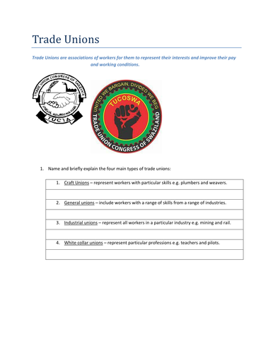 Trade Unions Worksheet with solutions | Teaching Resources