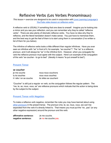 French Reflexive Verbs Lesson + Exercises - Verbes Réfléchis | Teaching ...
