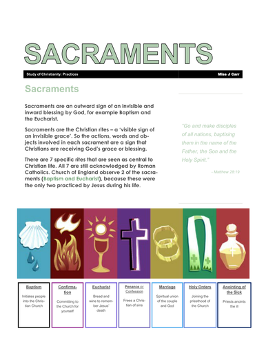 WJEC Eduqas Christianity: Practices: the Sacraments Exam Booklet | Teaching Resources