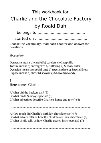 Charlie and the Chocolate Factory by Roald Dahl - workbook ...