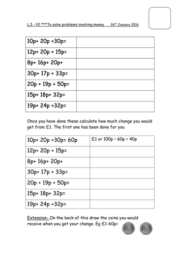 4 differentiated worksheets for problems involving money | Teaching ...