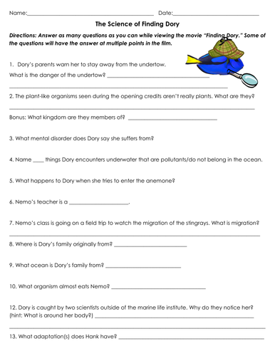 The Science of Finding Dory~Movie Worksheet | Teaching Resources