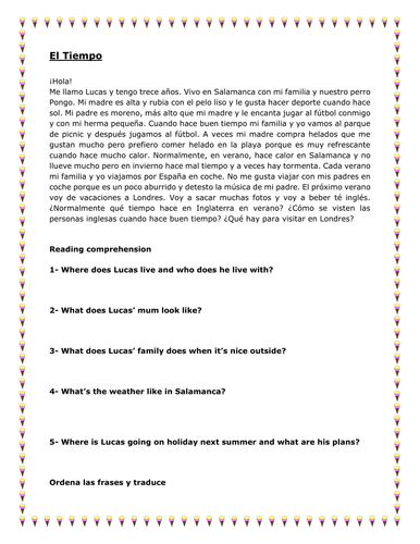Weather- El tiempo Reading Comprehension | Teaching Resources