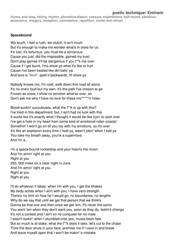 Poetry Techniques: Space-bound Eminem | Teaching Resources