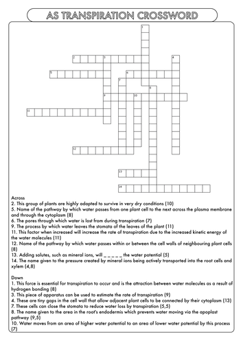 A Level Biology: Crossword Pack on Plant Tissues, Translocation and ...