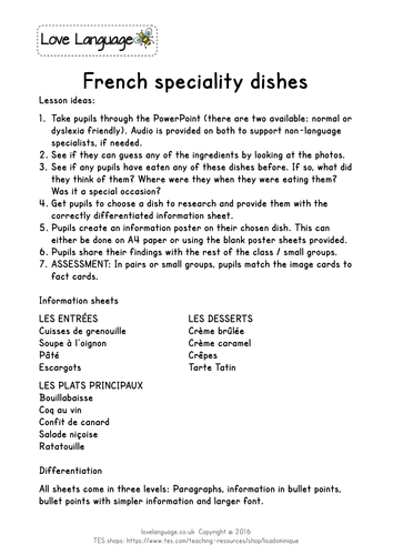 French food - speciality dishes - information sheets | Teaching Resources