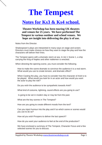 Shakespeare's The Tempest - Notes, Characters, Plot Laying Ks3 & Ks4 ...