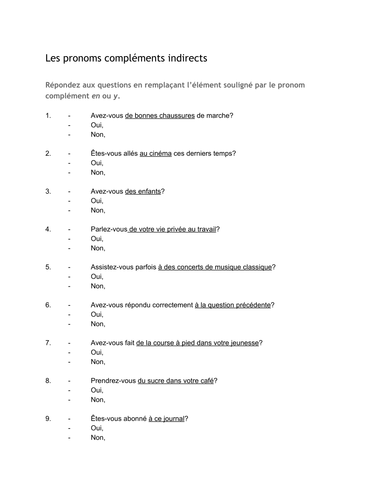 French Pronouns Y and EN Exercise - Pronoms Français | Teaching Resources