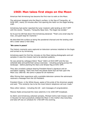 Moon Landings 1969 Newspaper texts | Teaching Resources