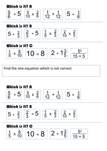 Which is the wrong equation? (Division of fractions activity ...