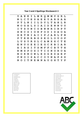 Year 3 and 4 Spellings Wordsearches | Teaching Resources