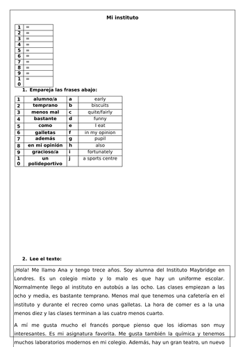 Spanish School Reading Comprehension (KS3/ GCSE Foundation) | Teaching ...