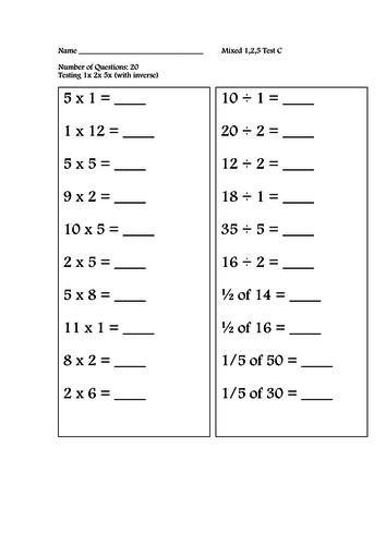 1,2 and 5 times tables tests, including division and fractions ...