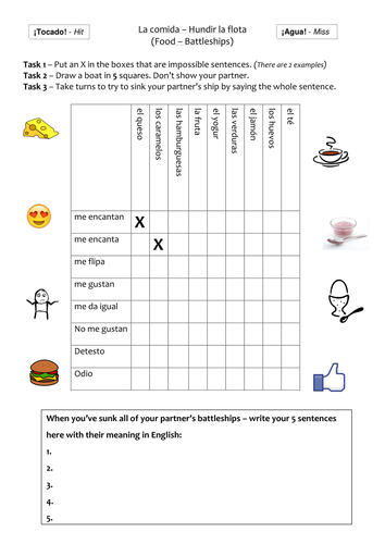 Food Battleships Spanish (La comida) | Teaching Resources