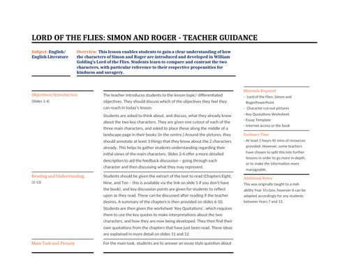 Lord of the Flies: Simon and Roger | Teaching Resources