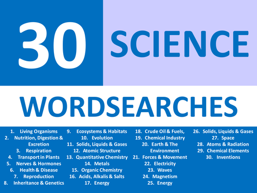 30 x Starter Wordsearches Science Chemistry Physics & Biology KS3 GCSE ...