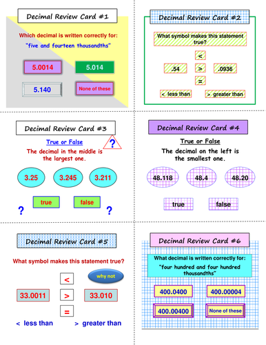 Decimals Review Cards (36 Cards) | Teaching Resources
