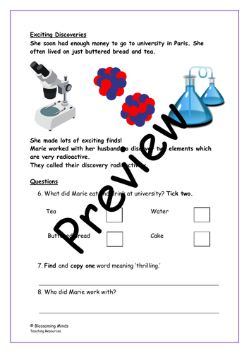 Marie Curie - Year 2 SATs style comprehension - Women's History Month ...