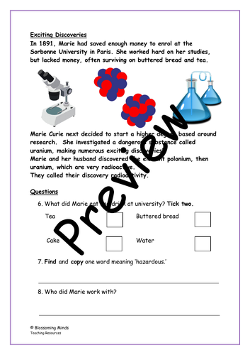 Marie Curie - Year 2 SATs style comprehension - Women's History Month ...