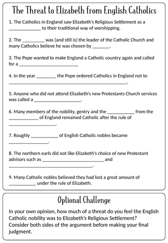 GCSE HISTORY - Elizabethan England - Catholic Challenges to the ...