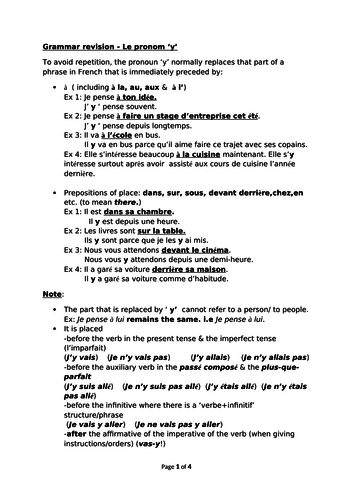 Le pronom 'y' -grammar revision-Worksheet along with the answer key ...