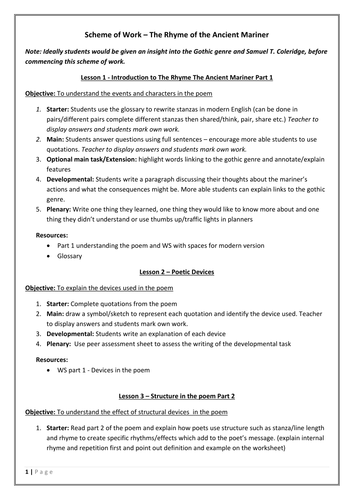 Mini poetry scheme of work - Gothic - 'The Rhyme of the Ancient Mariner ...