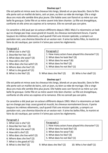 French reading comprehension about film characters | Teaching Resources