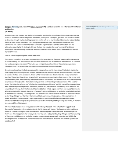 AQA Power and Conflict Poetry. Example essay with assessment activities ...