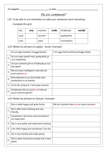 FRENCH - PERSONALITIES KS3 - WORKSHEETS | Teaching Resources