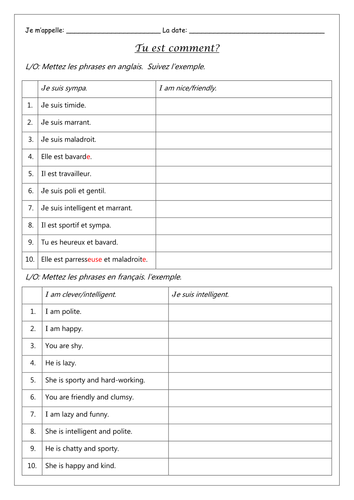 FRENCH - PERSONALITIES KS3 - WORKSHEETS | Teaching Resources
