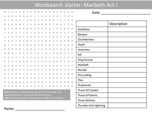 English Macbeth Act 1 Keywords KS3 GCSE Wordsearch Crossword Anagram ...
