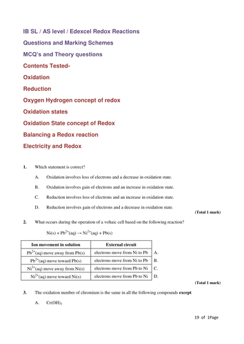 IB SL / AS level / Edexcel Redox Reactions WS | Teaching Resources