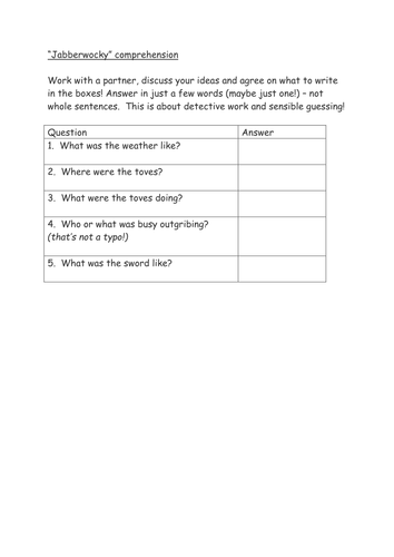 Jabberwocky - comprhension/language | Teaching Resources