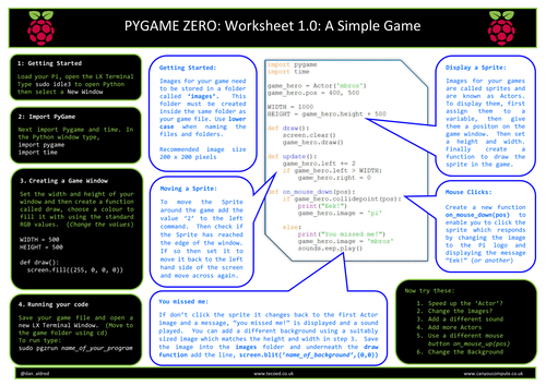 PyGame Zero starter worksheet | Teaching Resources