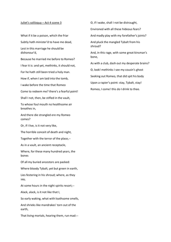 Romeo and Juliet - Juliet's soliloquy Act 4 scene 3 | Teaching Resources