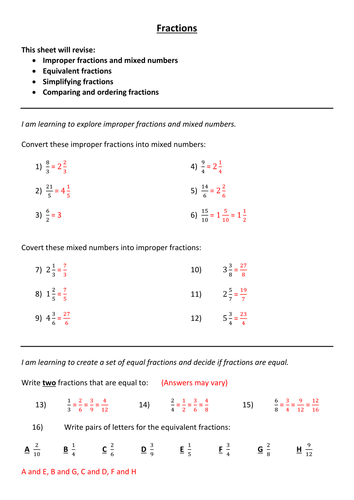 Fractions Revision: Improper and Mixed Numbers, Equivalent, Simplifying ...