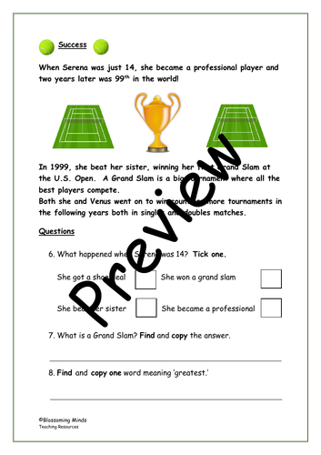 Serena Williams - SATs style comprehension - Year 2 - Women's History ...